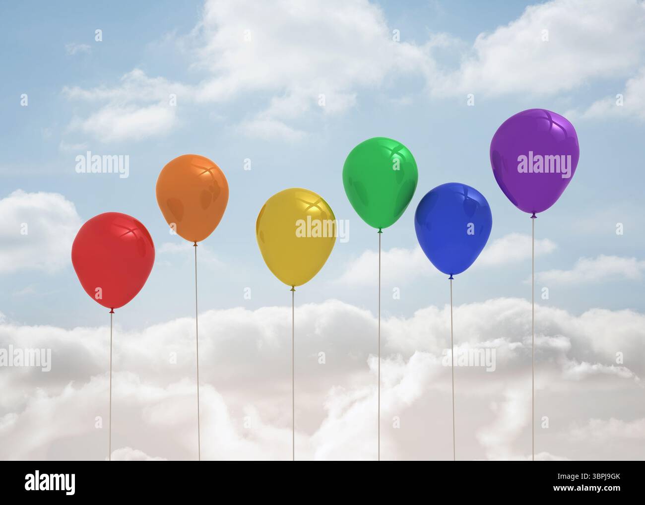 Flat design is showing six colorful latex balloons floating over thick ...