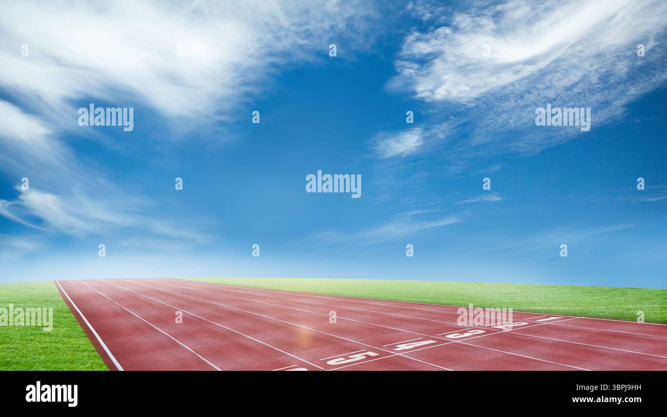 Flat design red running track is crossing green field with white lane ...