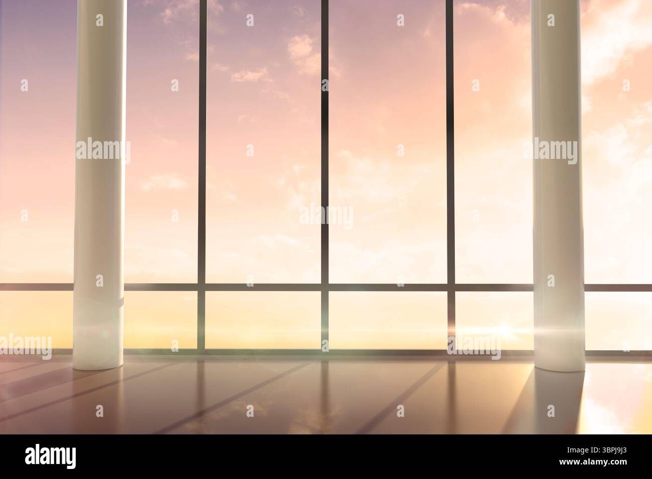 Room with large windows showing sunrise Stock Photo - Alamy