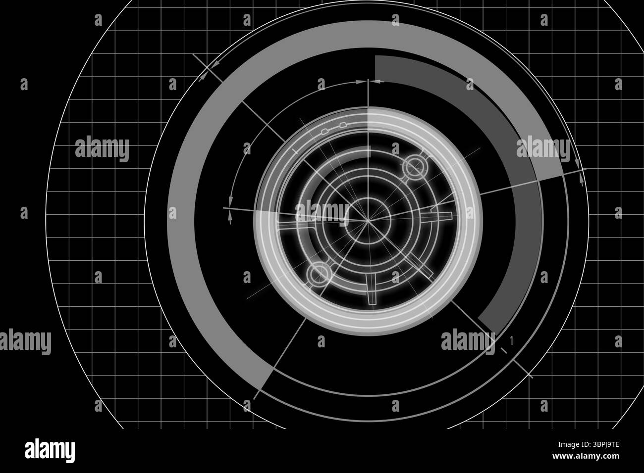 concentric hud rings are being displayed over dark grid background, flat schematic vector design ...