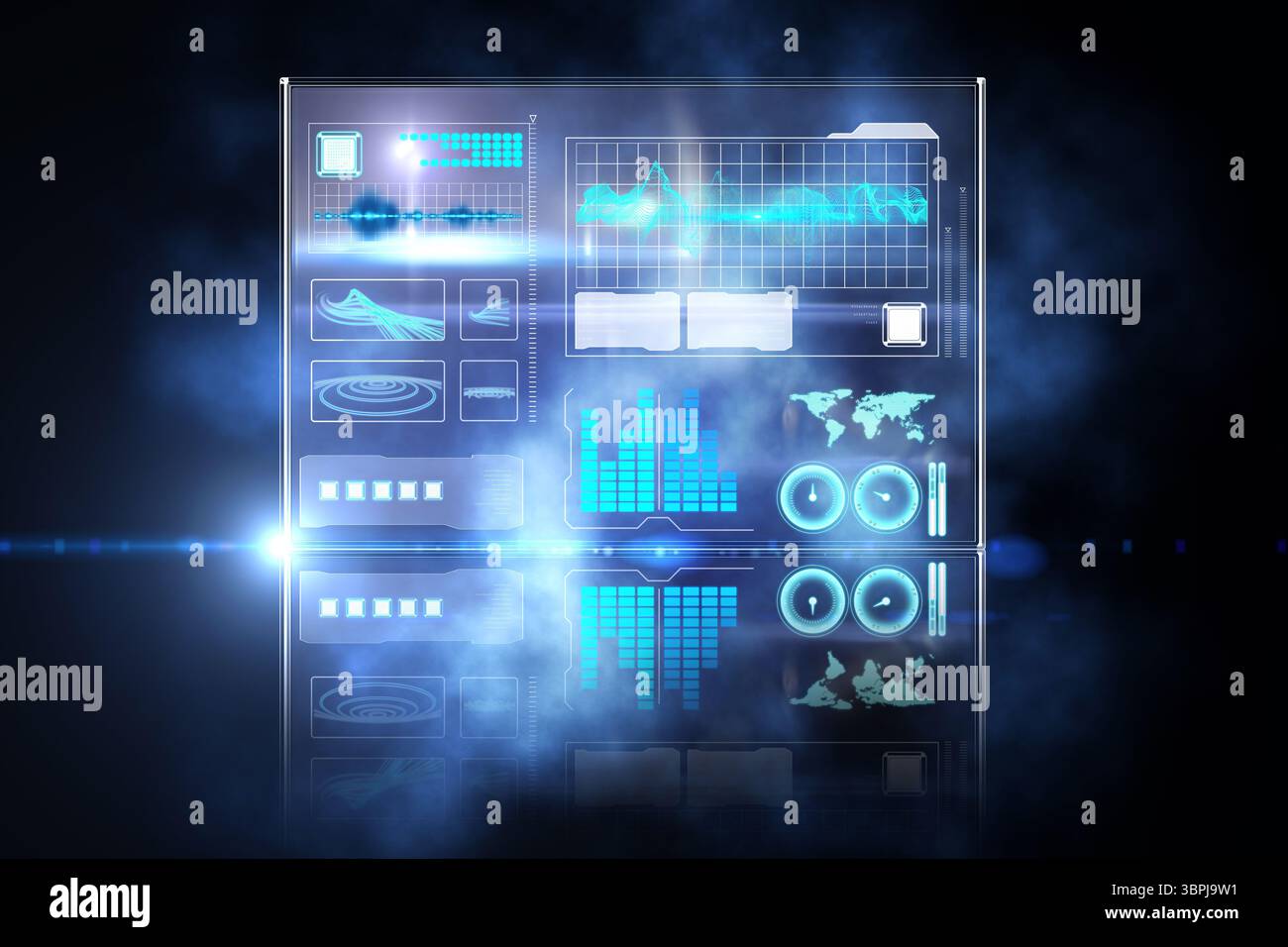 Displaying holographic data panel floating over blue void with glowing charts, map, circular ...