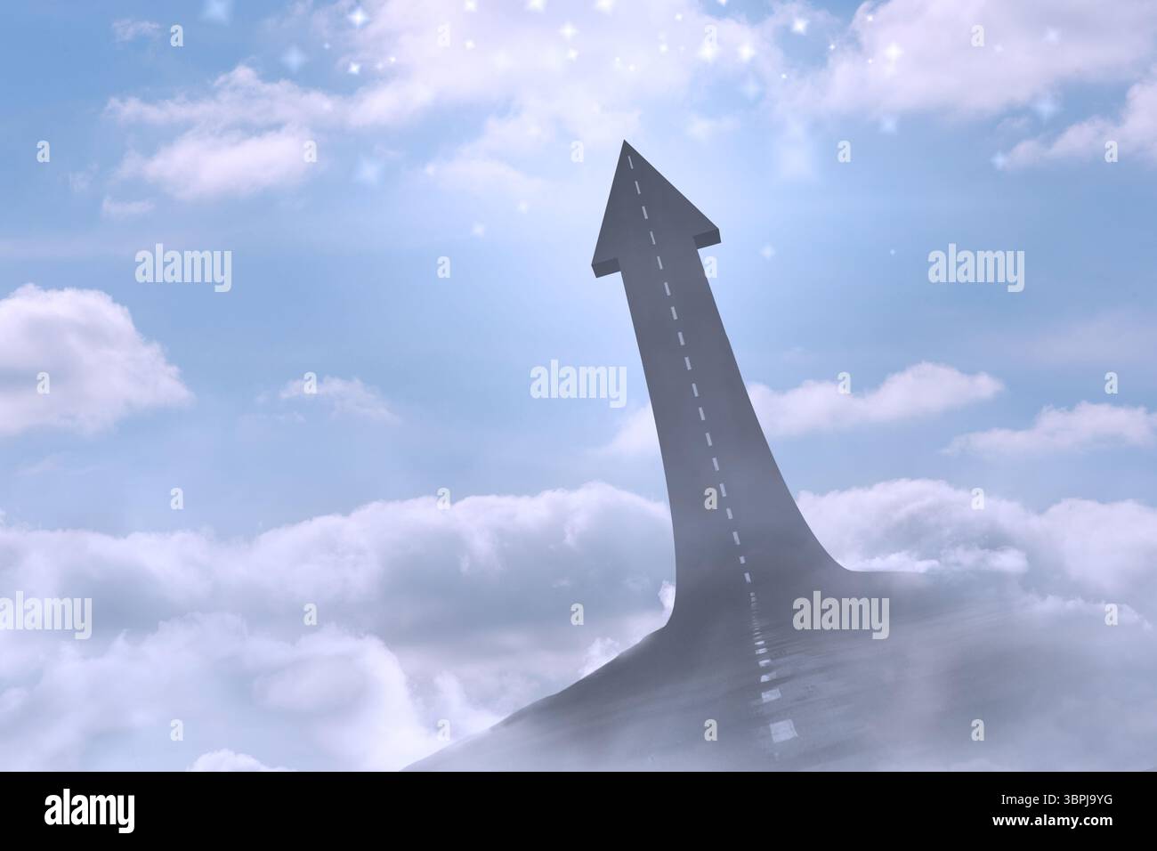 Flat design arrow-shaped road is emerging from clouds into blue sky ...