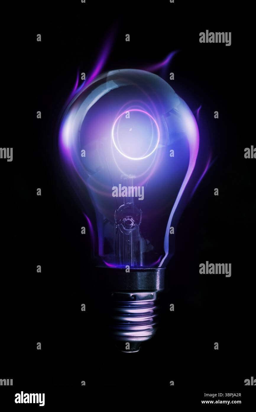 3D render is showing incandescent bulb with glowing purple-blue plasma ...