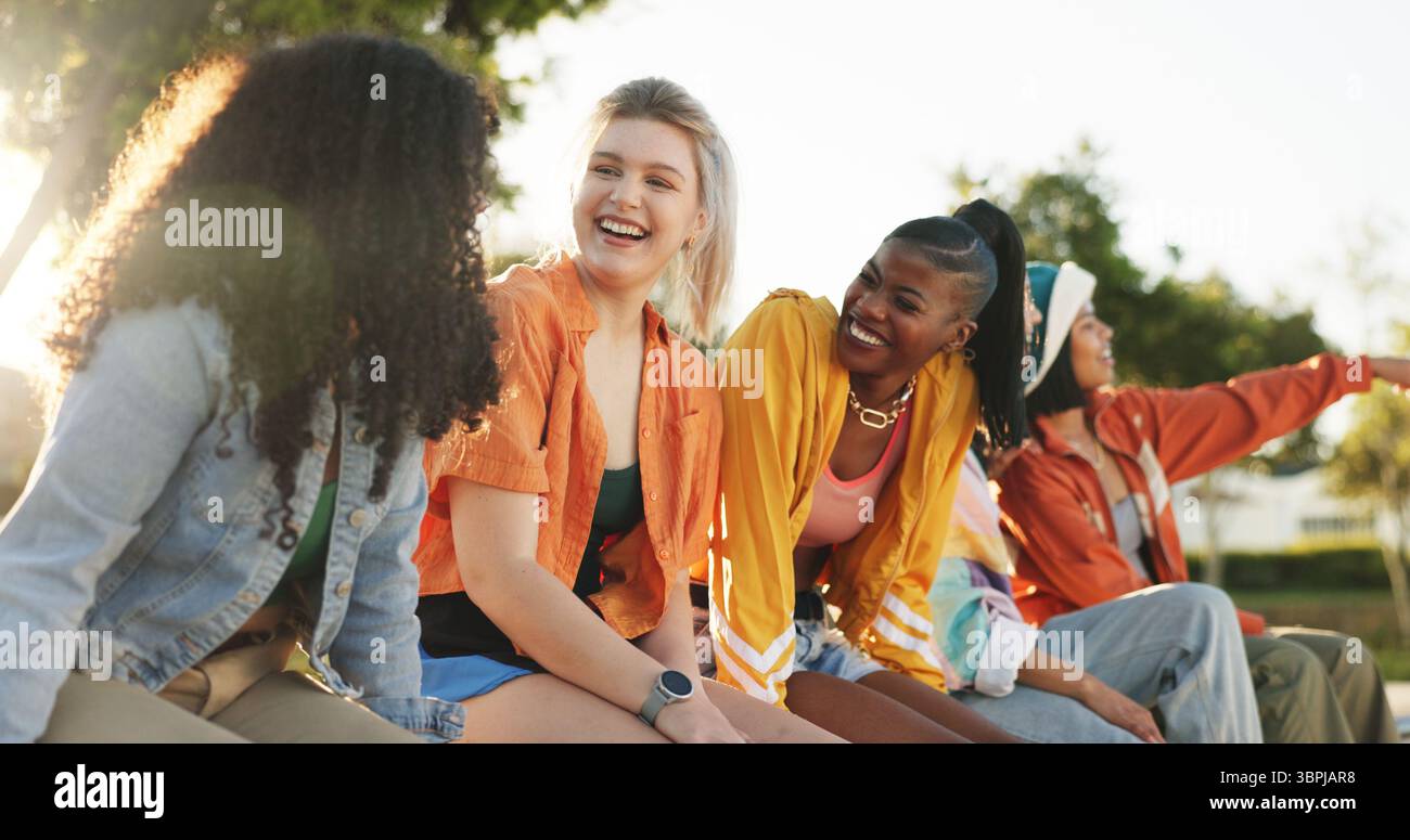 Women, laugh and group of friends at park for listening to story ...