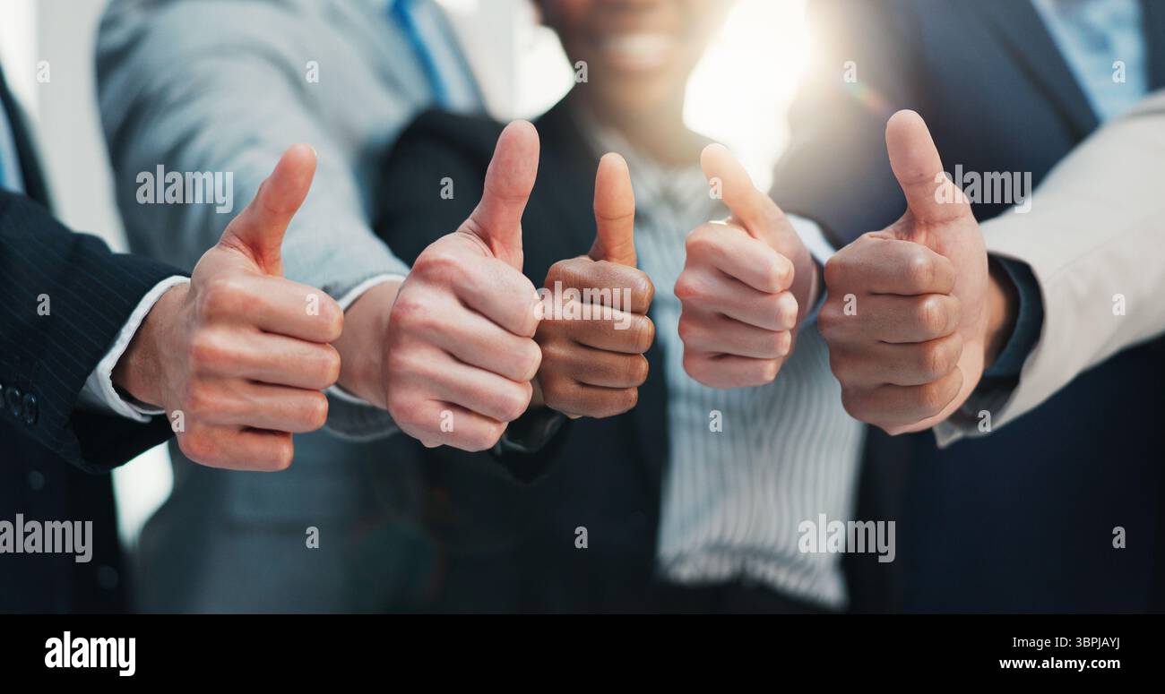 Thumbs up, team and hands of business people for support, success and ...