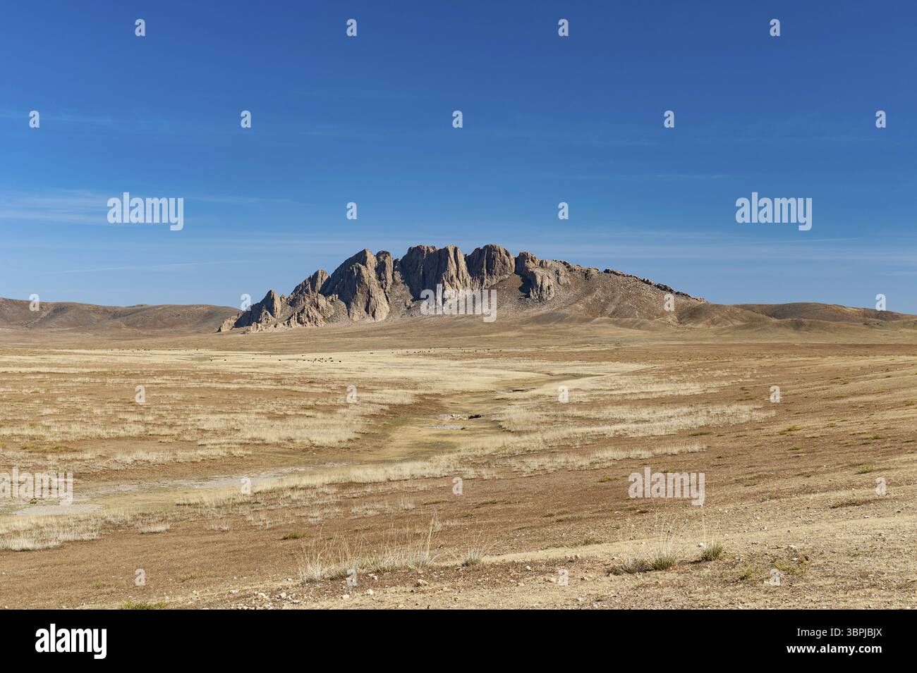 Rock formation on the horizon in the steppe landscape of the Gobi ...