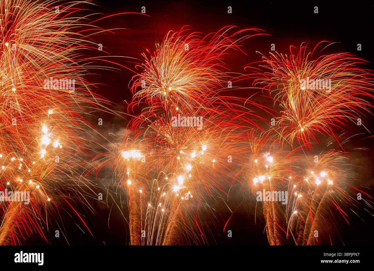 A colourful firework display in the night sky with rockets ...
