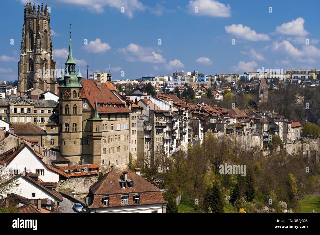 Historic old town of Fribourg in Switzerland with the church of St ...
