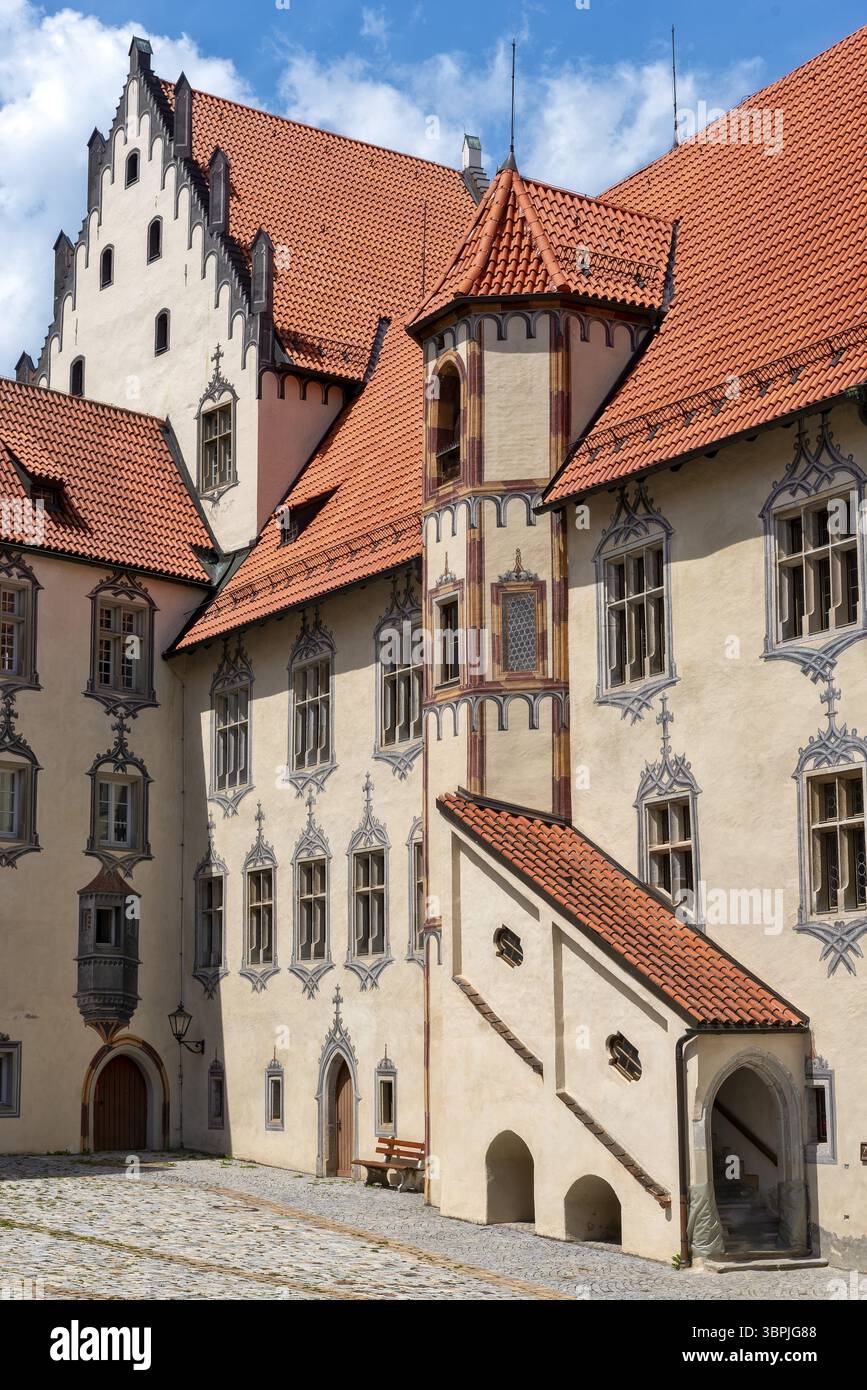 Inner courtyard, facade, stair tower of the High Castle in Fuessen ...