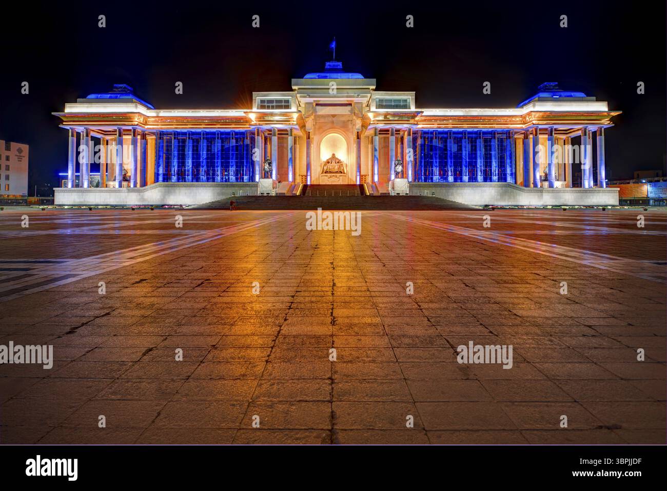 The Mongolian government building in the capital Ulan Bator at night ...