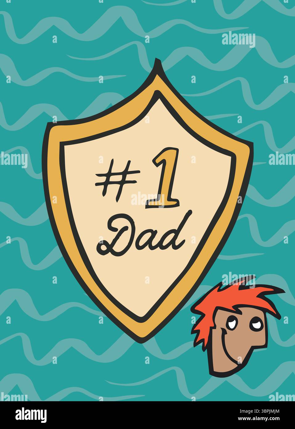 Image of number one dad text on shield and face with pattern on blue ...