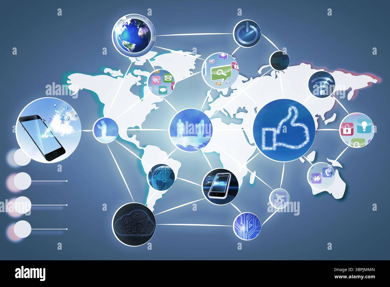 Tech nodes with thumbs-up, smartphone, lock are connecting across ...