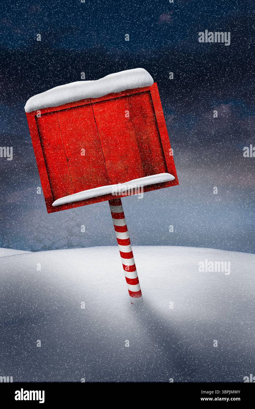 Red wooden signboard candy-striped pole are standing amid falling snow ...
