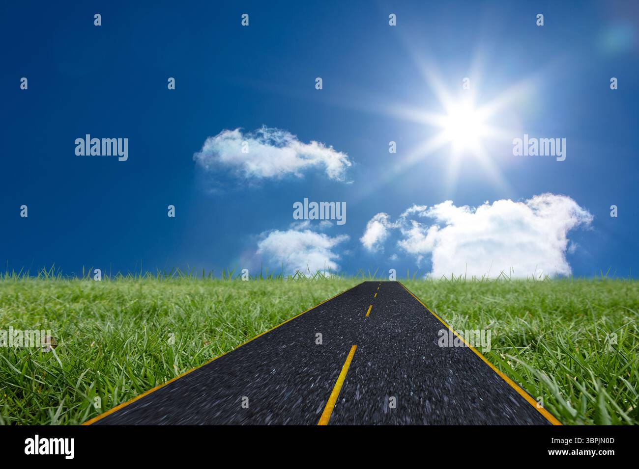 Flat design illustrating straight asphalt road with yellow lines ...