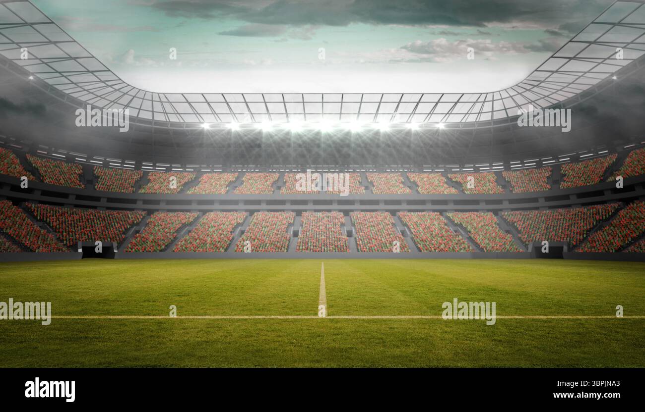 flat arena is showing green pitch centerline seating tiers curved roof ...