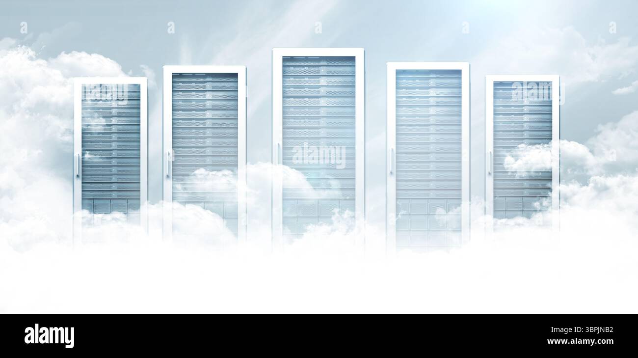 Five server cabinets are floating amid billowy clouds in flat design representing cloud ...