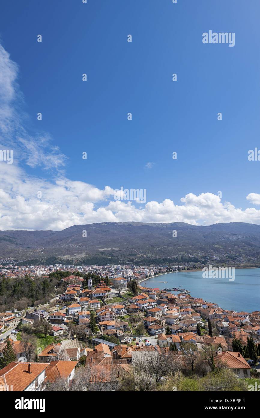 Aerial view of Ohrid Lake, city of Ohrid. Ohrid is a Macedonian resort ...