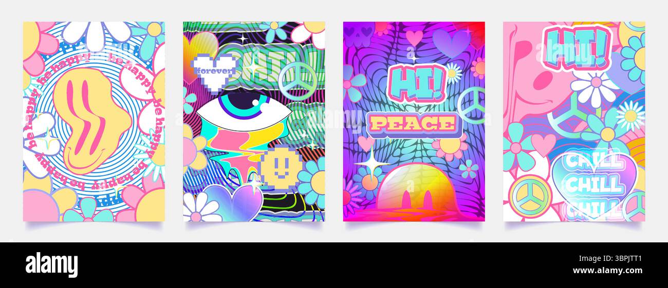Retro y2k poster designs with psychedelic colors - melting smile faces ...