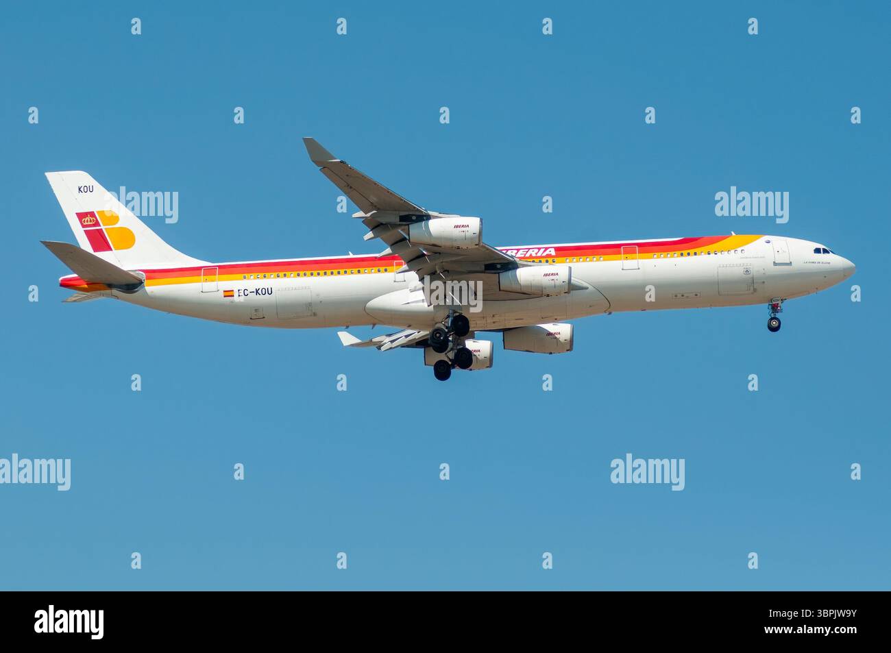 Iberia's Airbus A340 four-engine airliner landing at Madrid Airport ...