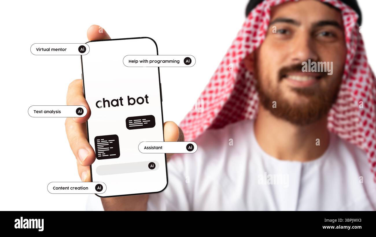 Man in traditional attire showcases mobile device featuring chatbot ...