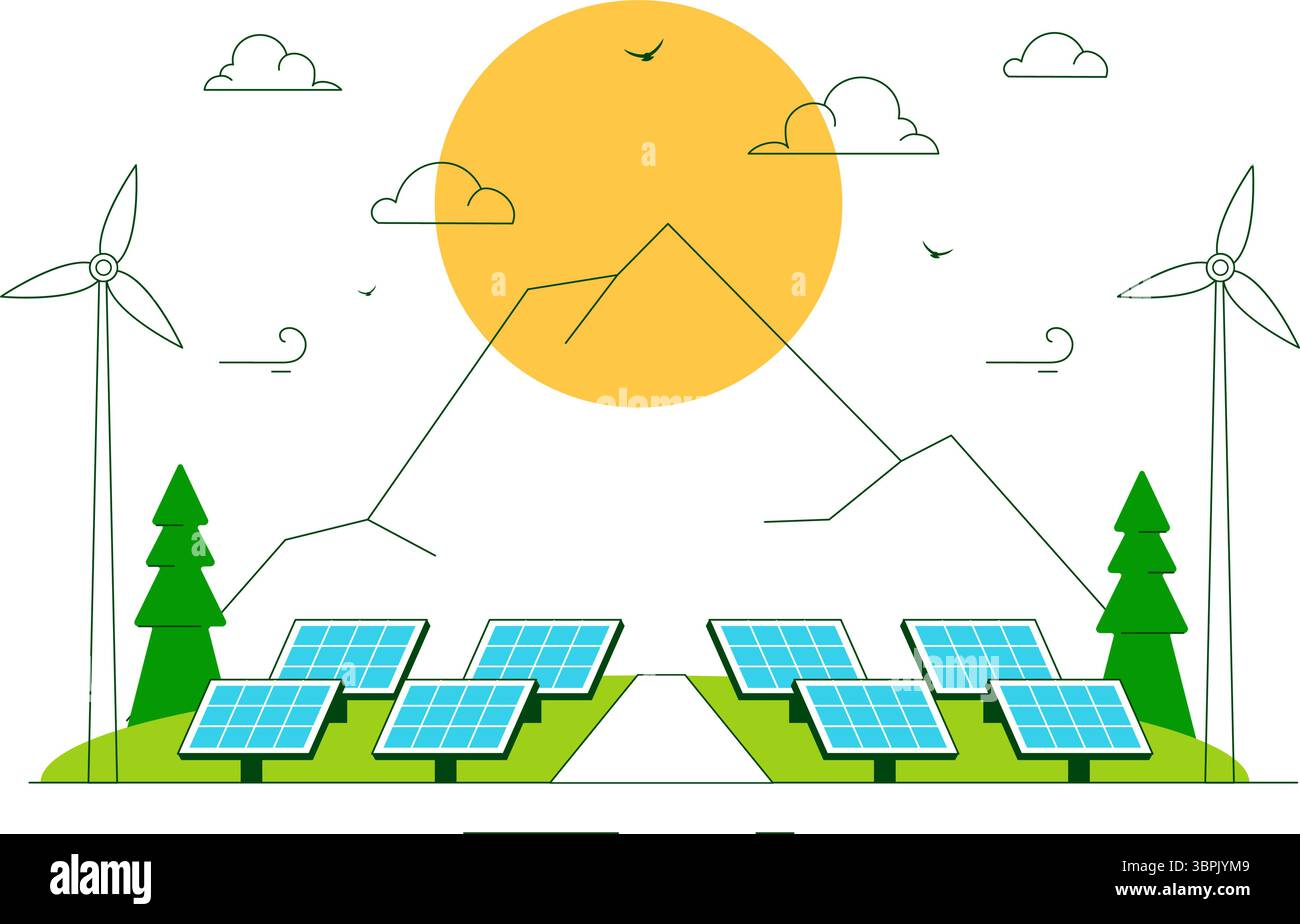 Solar Farms Vector Illustration Featuring Energy Storage Systems with ...
