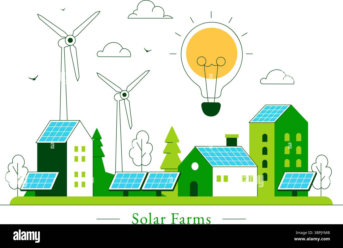 Solar Farms Vector Illustration Featuring Energy Storage Systems with ...