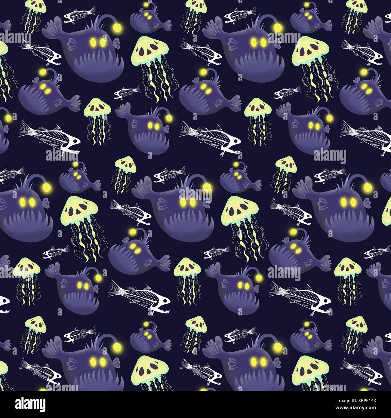 Abyss creatures pattern with spooky jellyfish, angler fish and dark background. Halloween deep ...