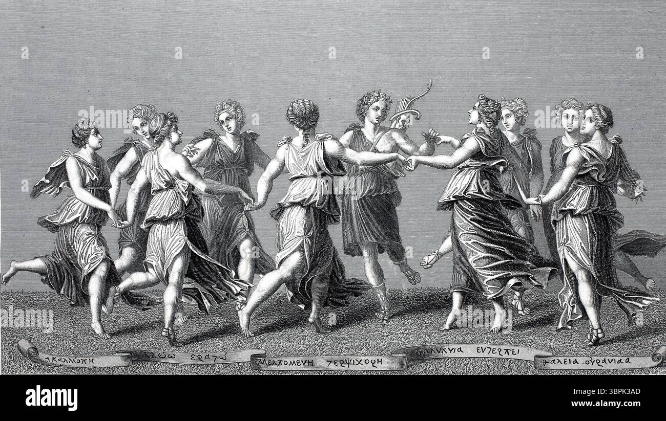 Apollo and the Nine Muses, steel engraving after a painting by ...