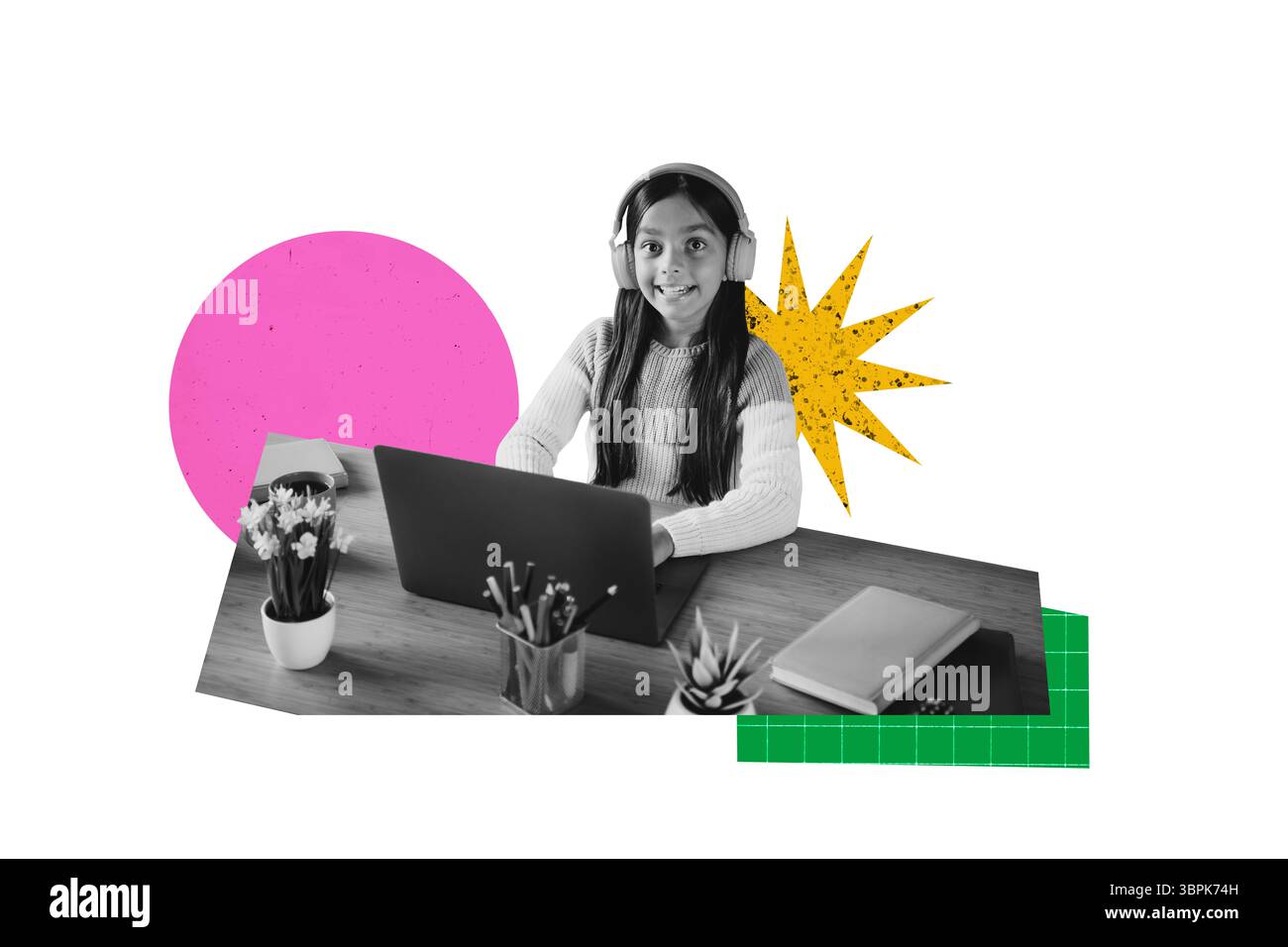 3d poster image full pop art collage of happy teenage girl sit ...