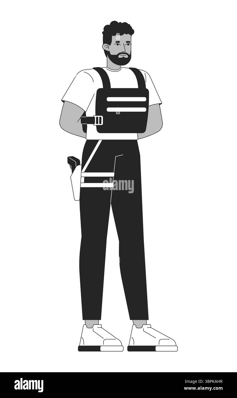 Serious black male security guard in bulletproof vest and carrying ...