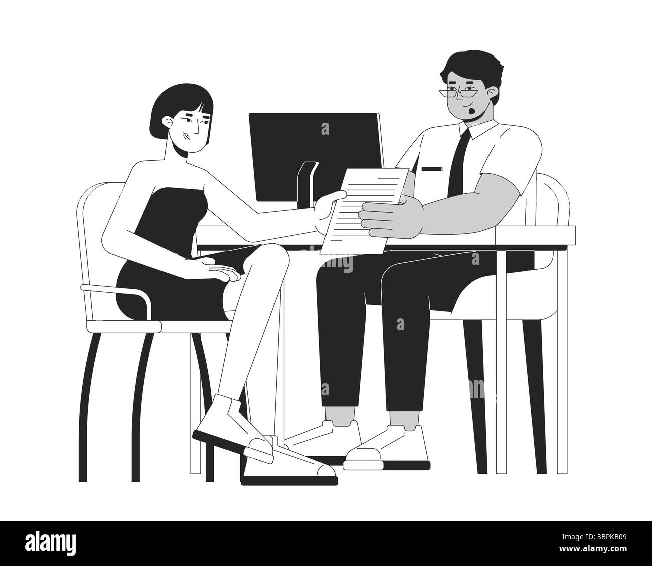 Asian female client consulting bank representative arab man 2D line ...