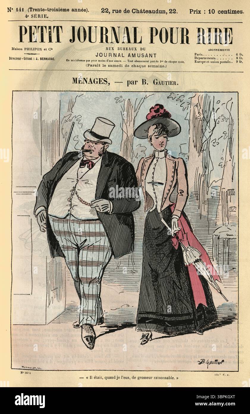 Vintage French cartoon, Caricature of overweight rich husband with a ...