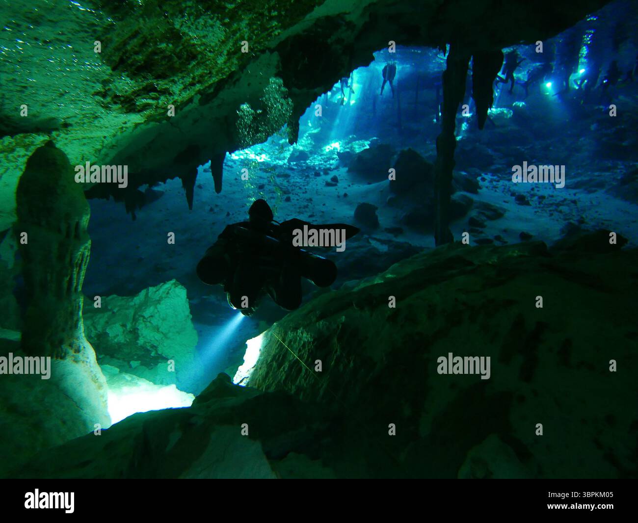 Scuba diver exploring an underwater cenote cave with stalactites and ...