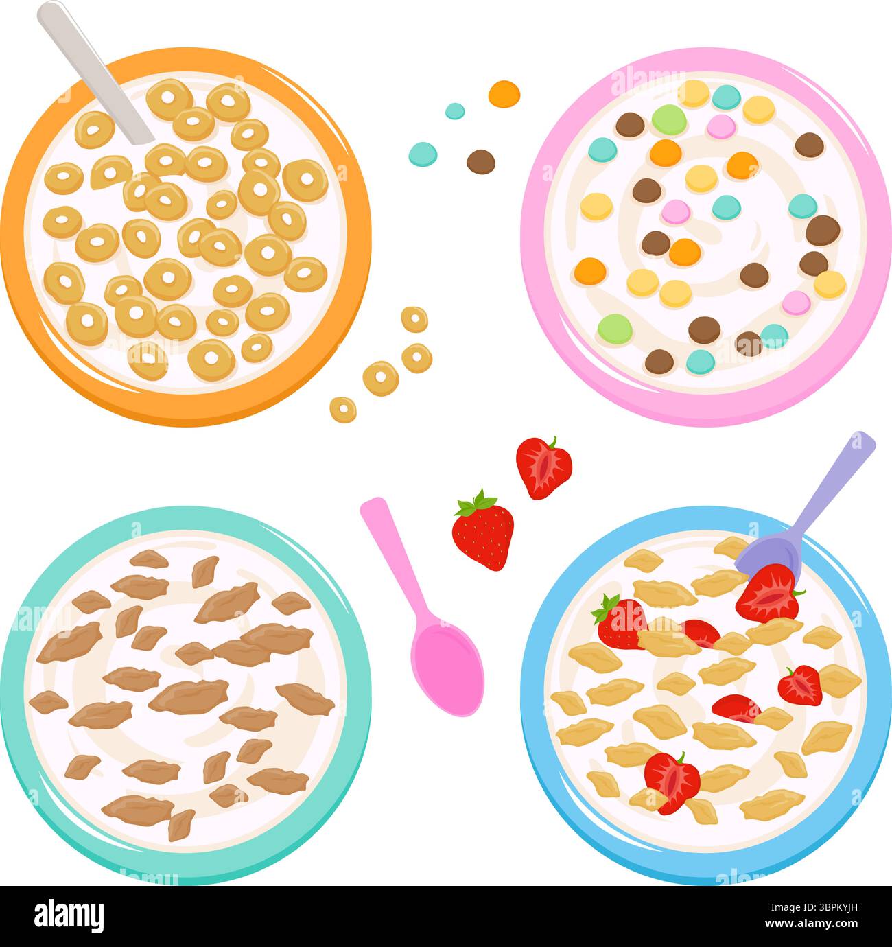Bowls of breakfast cereal. Top view. Cereal breakfast bowl set ...