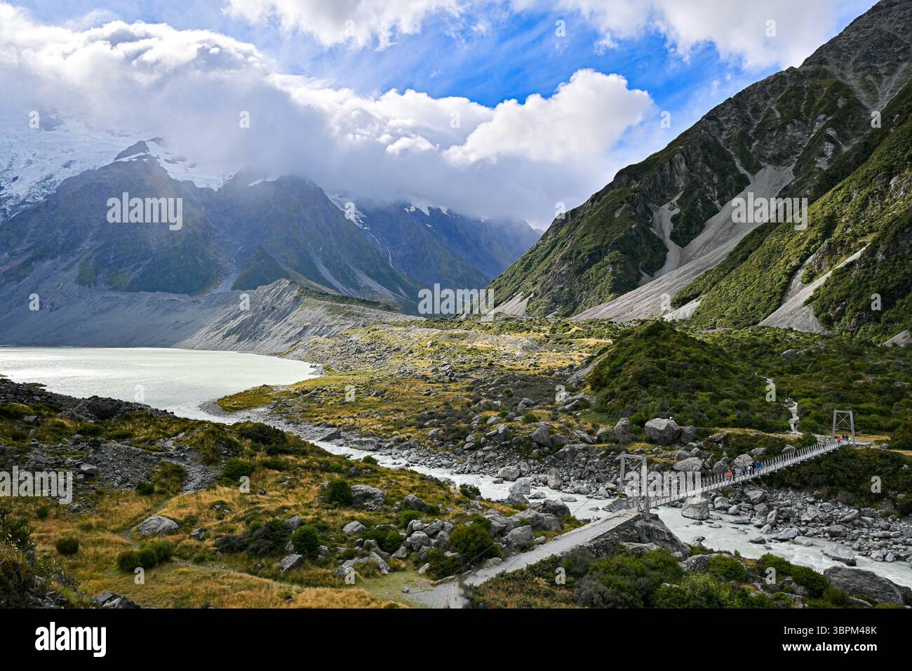 Swing bridge crossing Hooker River in alpine landscape, Hooker Valley ...