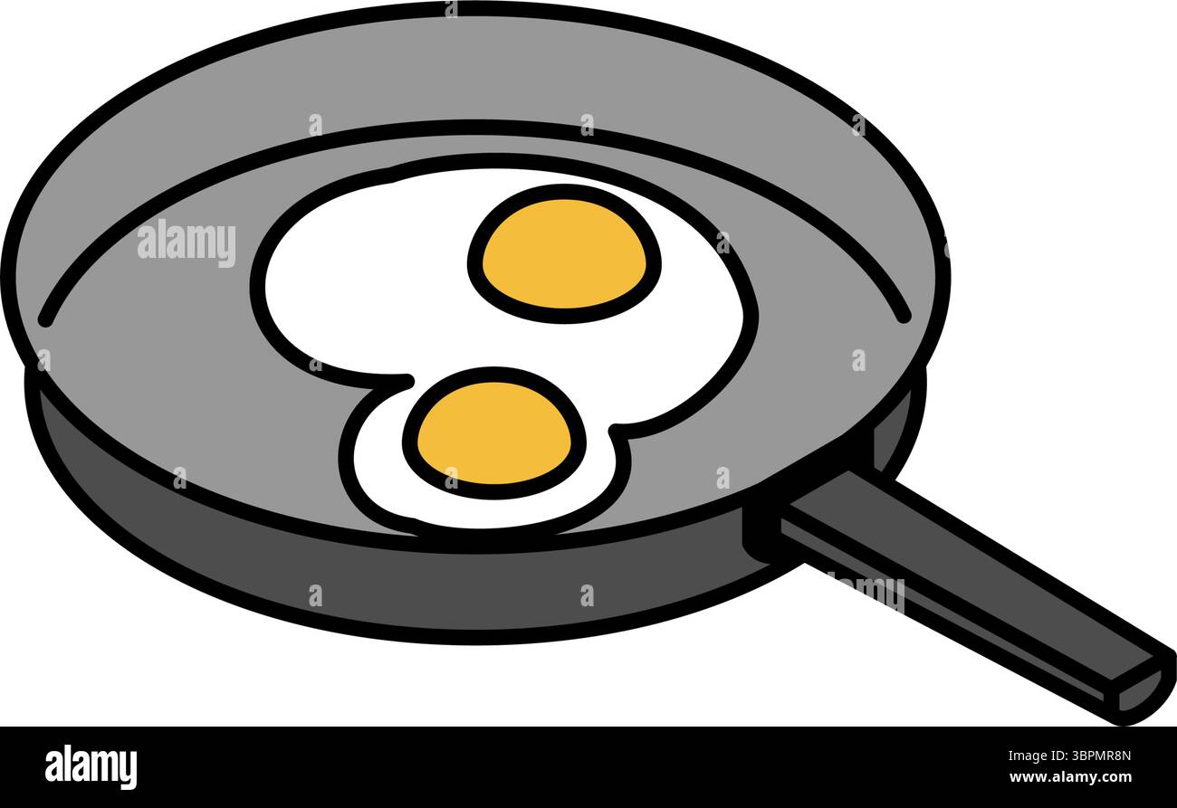 Simple line drawing icon of a fried egg in a frying pan, isometric ...