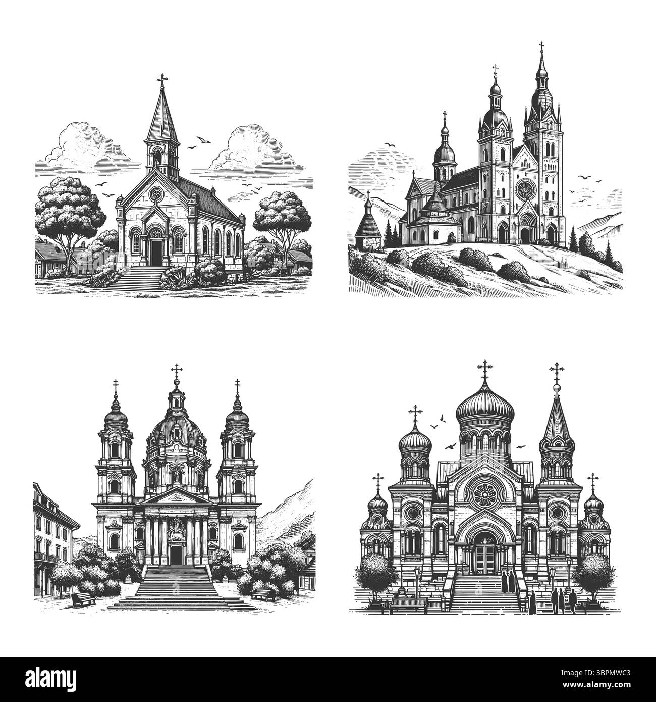 Historic Churches engraving set vector collection Stock Vector Image ...