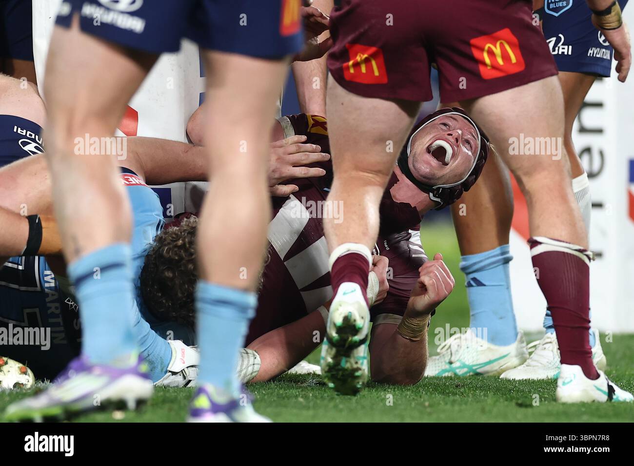 Harry Grant of the Maroons scores a try during the State of Origin game ...