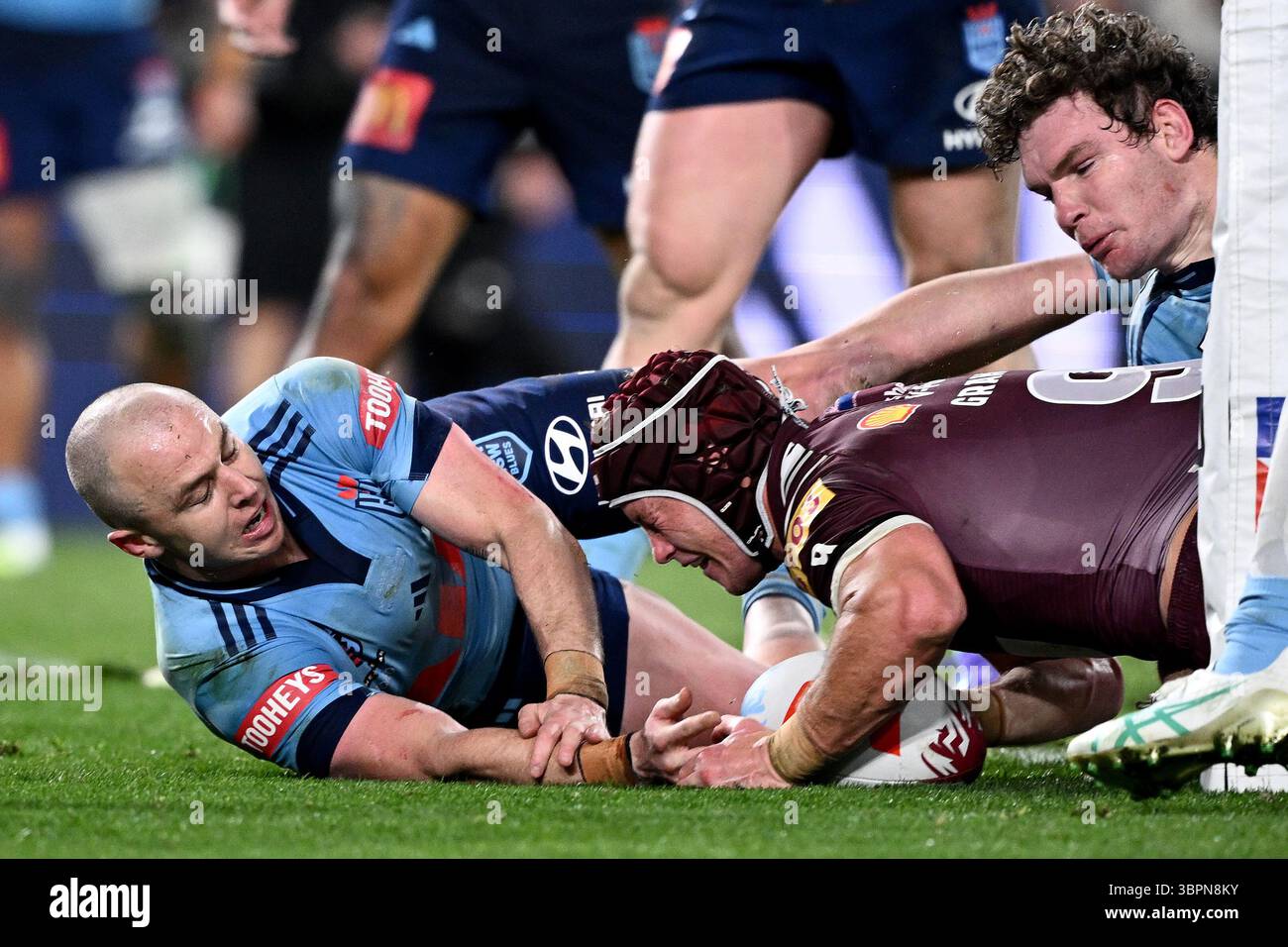 Harry Grant of the Maroons scores a try during the State of Origin game ...