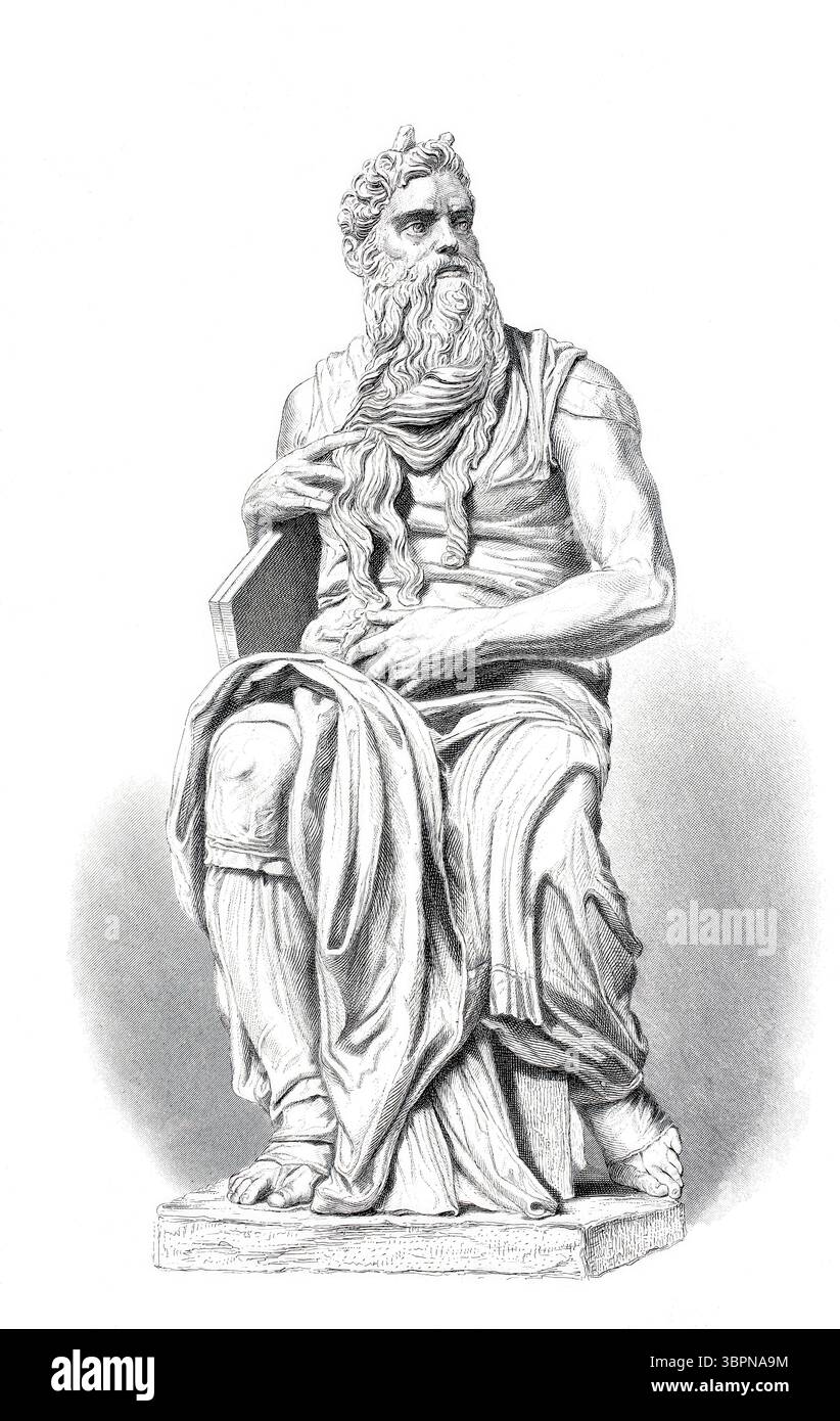 Moses, statue by Michelangelo Buonarroti, illustration from 1870 ...