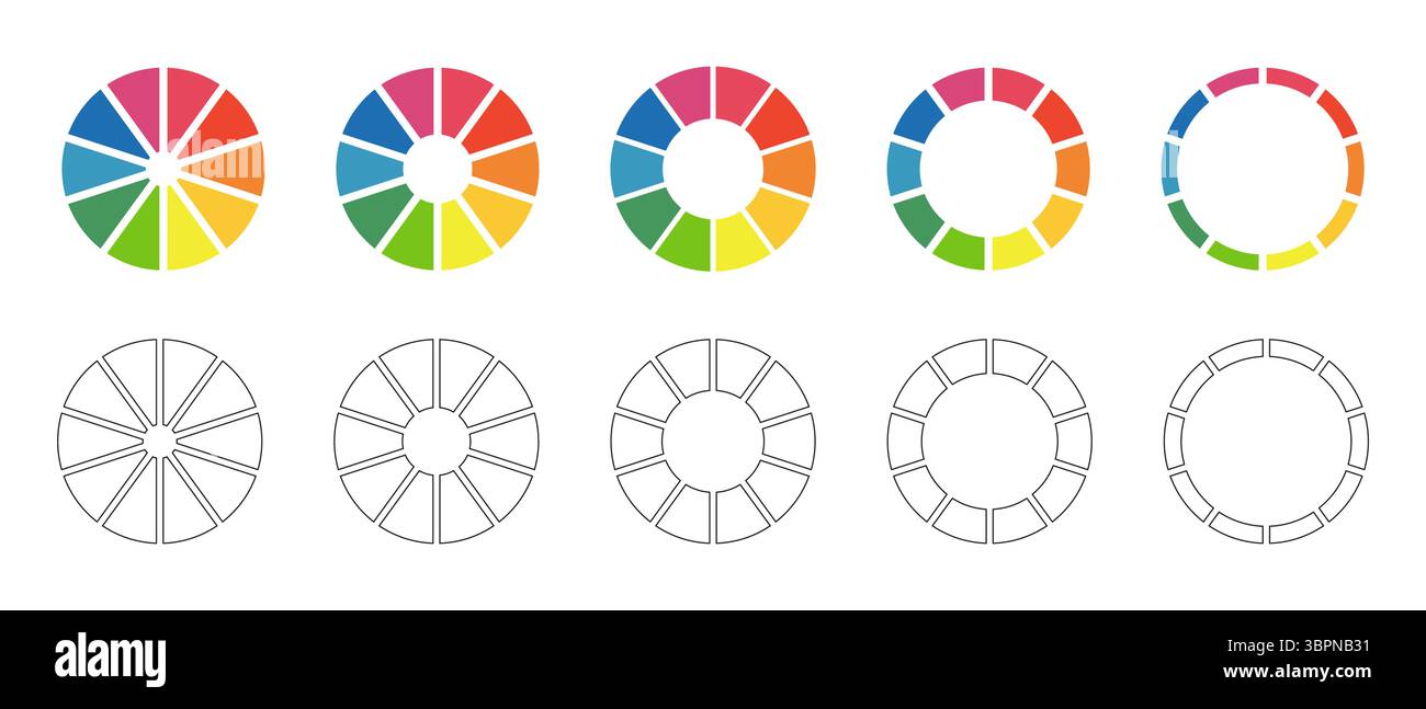 Circle section graph. Set of donut charts, pies segmented on 10 equal parts. Wheels divided in ...