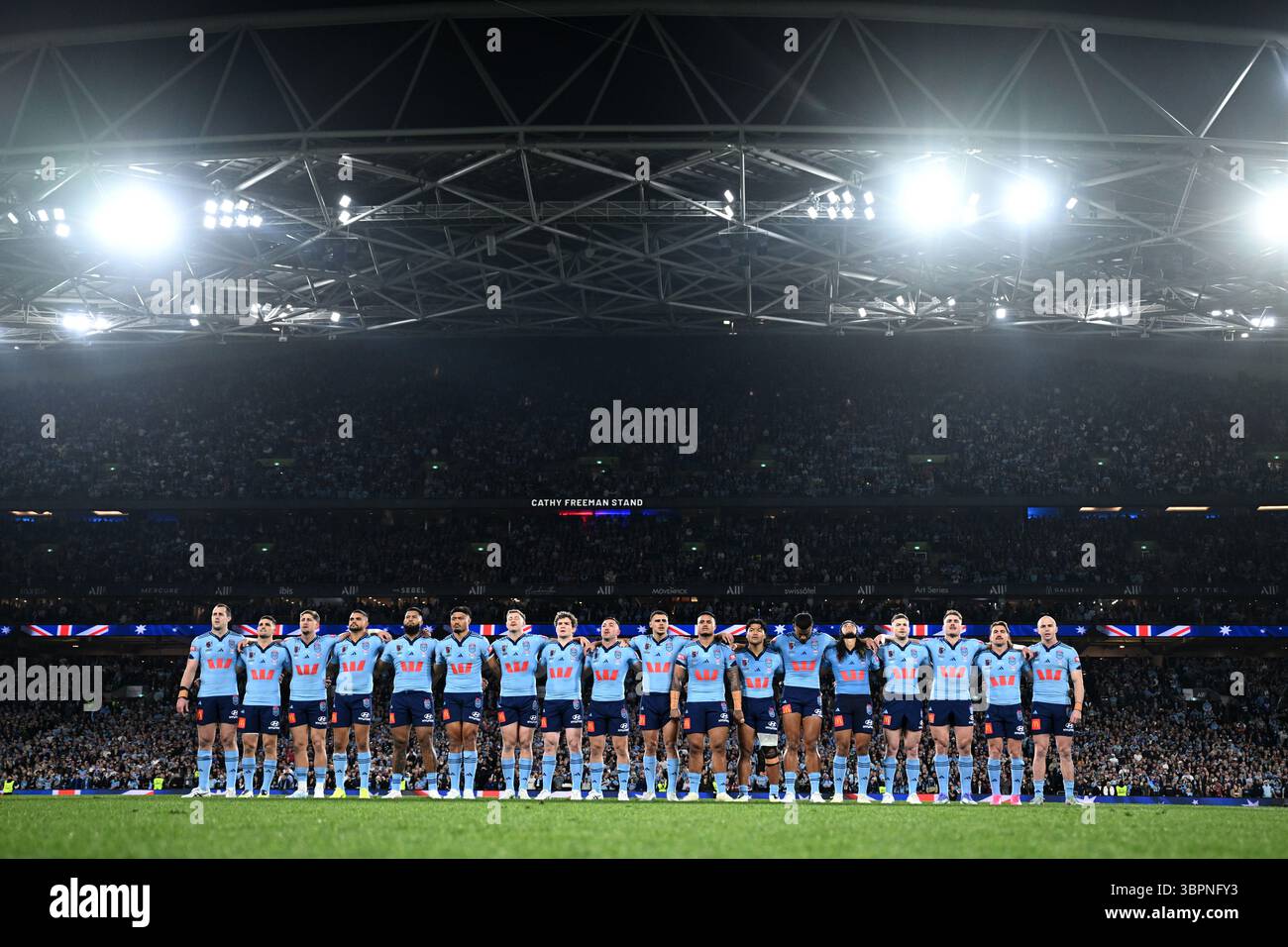 The Blues line up during the State of Origin game three match between ...
