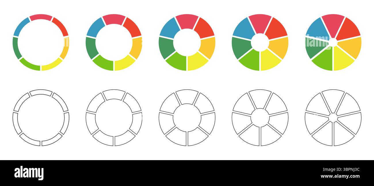 Donut charts set, pies segmented on 7 equal parts. Diagrams infographic multicolored collection ...