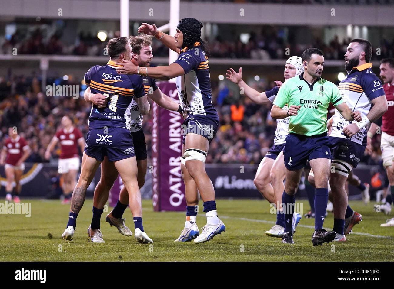 ACT Brumbies' Hudson Creighton (second left, facing) celebrates scoring ...