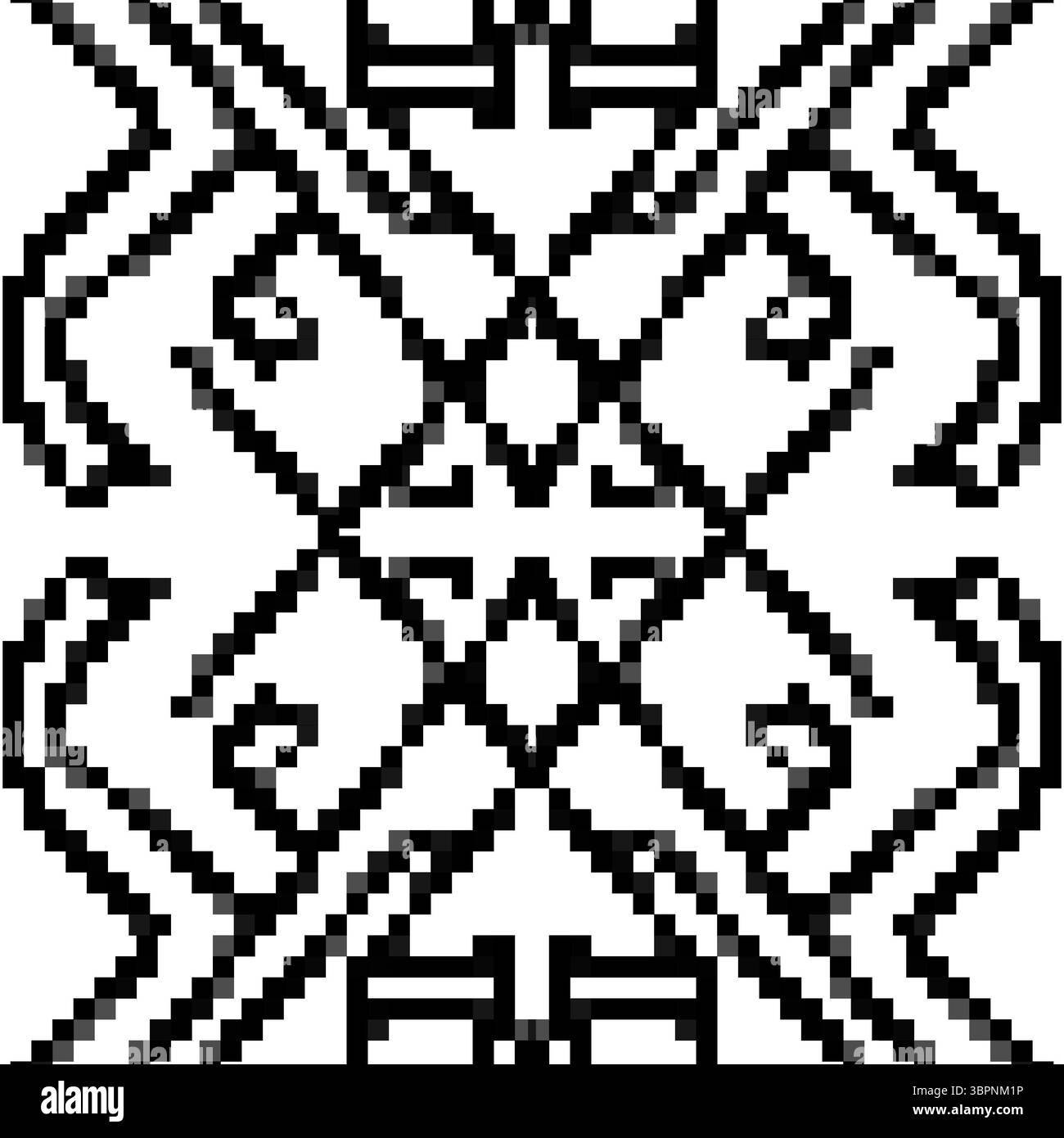 A seamless, repeating pixel art pattern in black and white, featuring ...