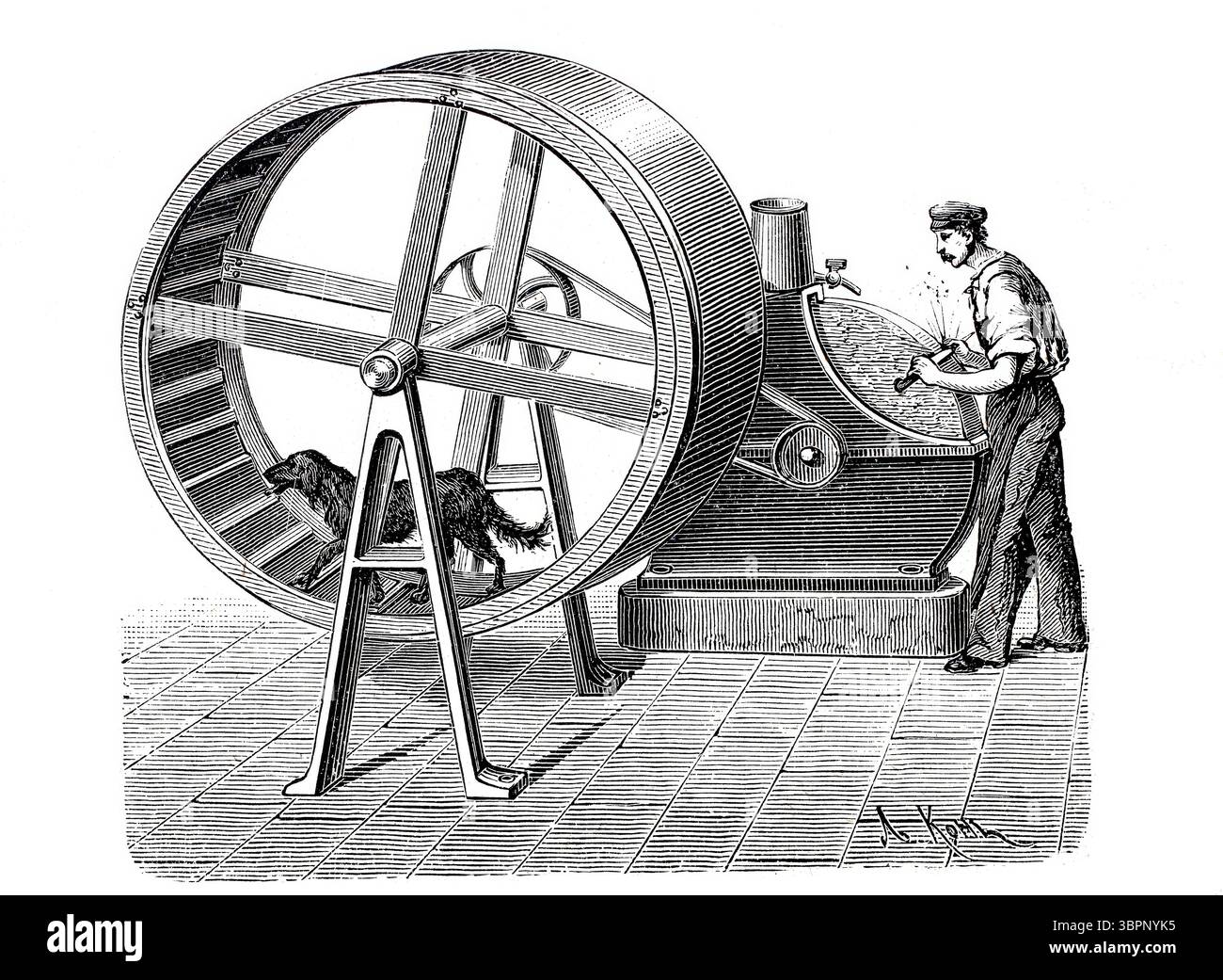 Dog driving a grindstone wheel, man sharpening a knife, digitally ...
