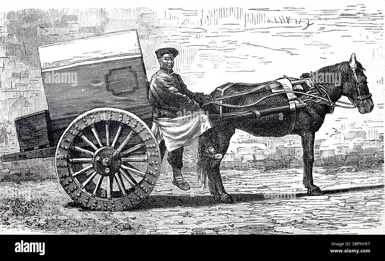 Horse-drawn cart of a Chinese farmer, digitally enhanced reproduction ...