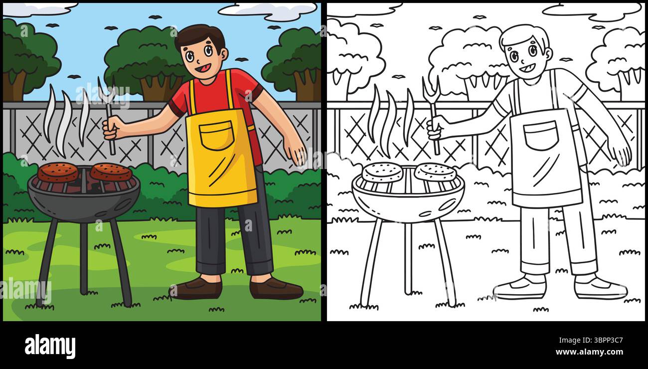 BBQ and Dad Grilling Patties Coloring Illustration Stock Vector Image ...