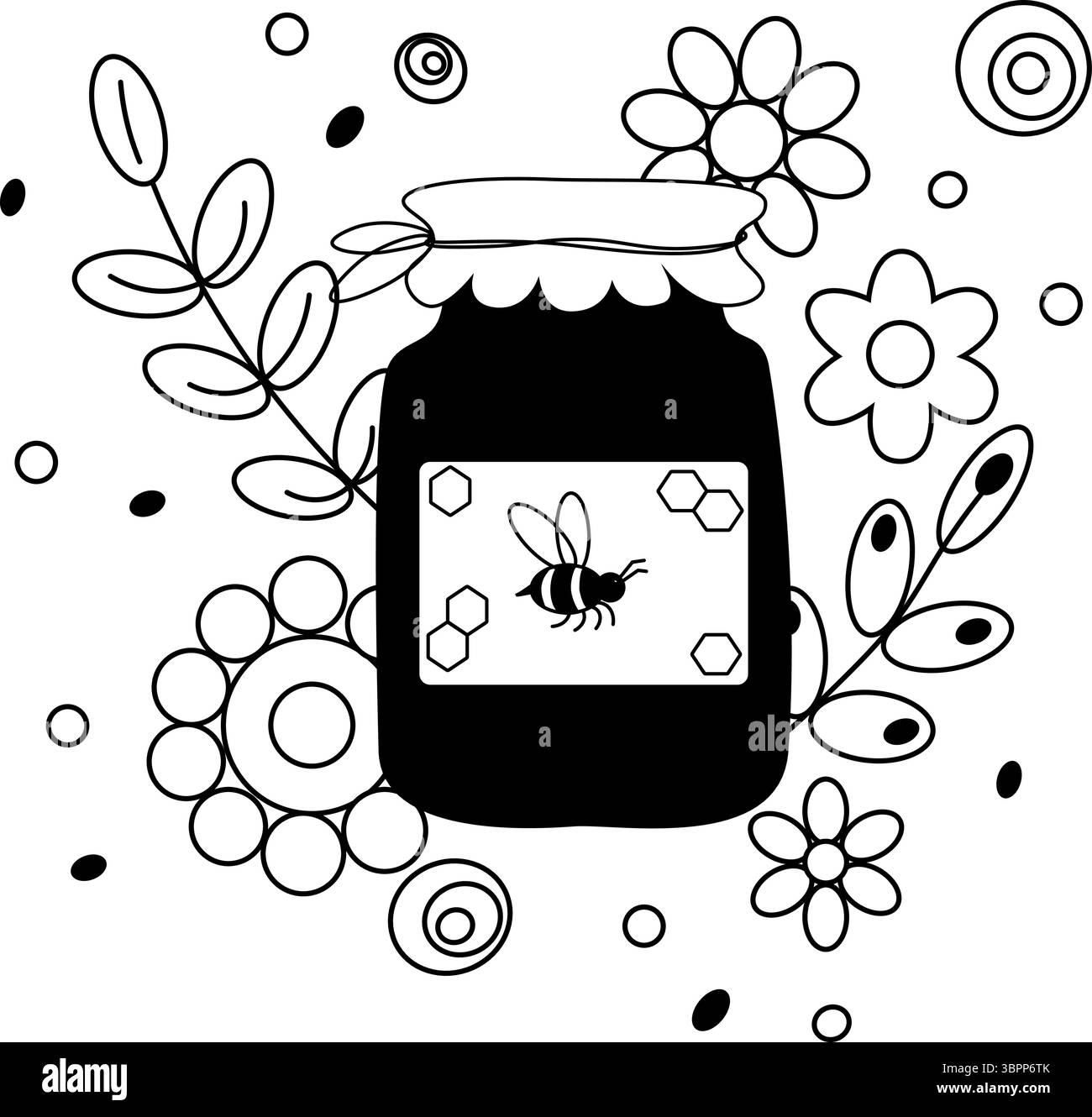 Honey jar in flowers and leaves composition. Vector graphic line ...