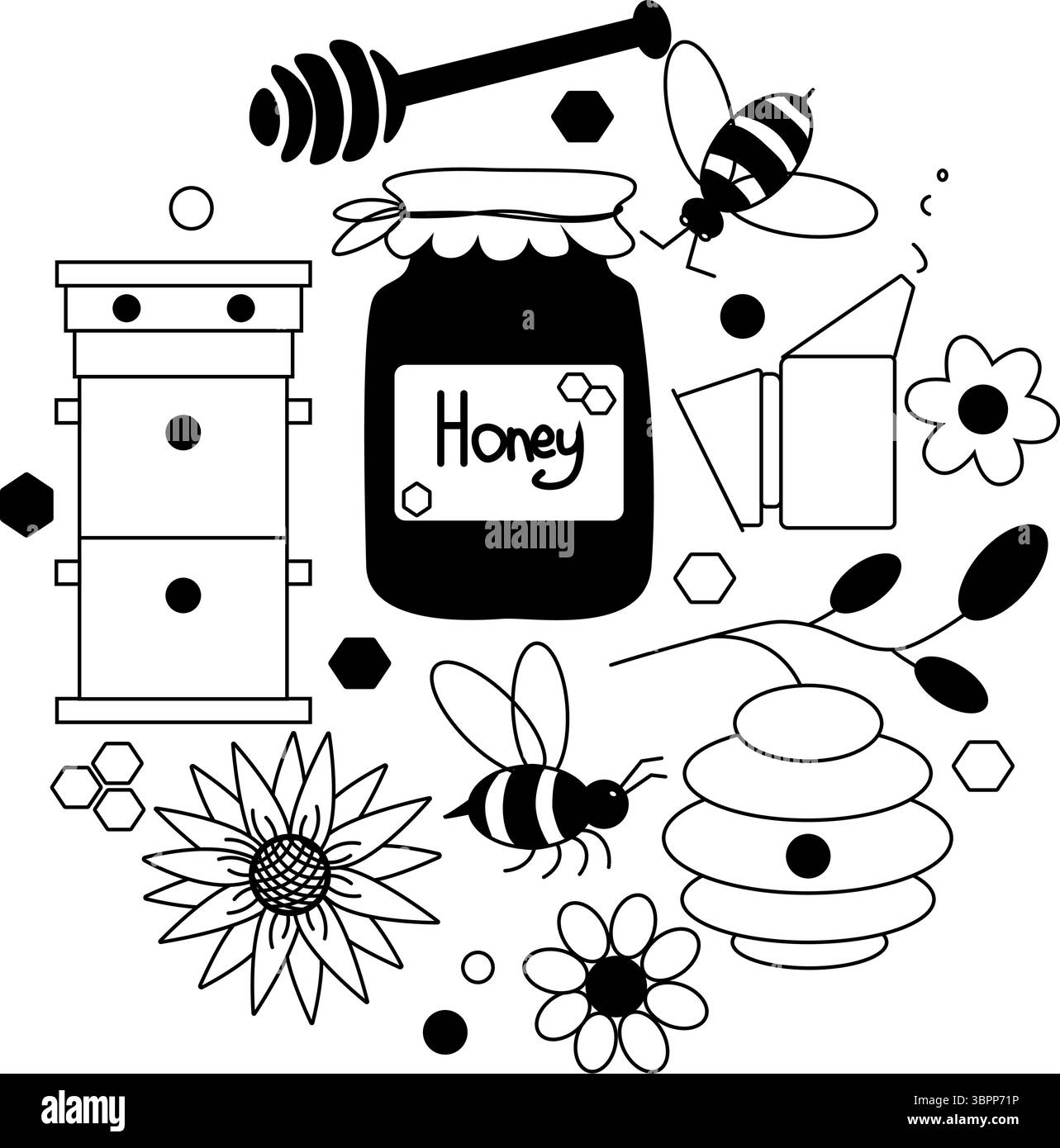 Honey cartoon doodle objects, symbols and items. Round composition ...